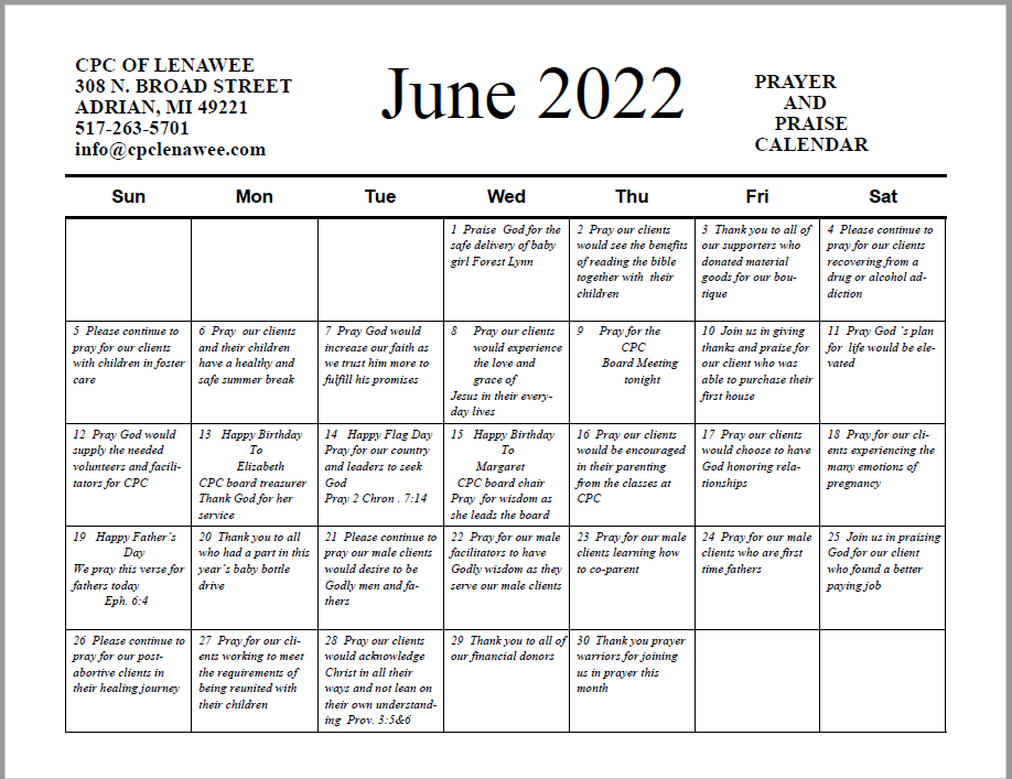 June Prayer Calendar – Friends of CPC Lenawee